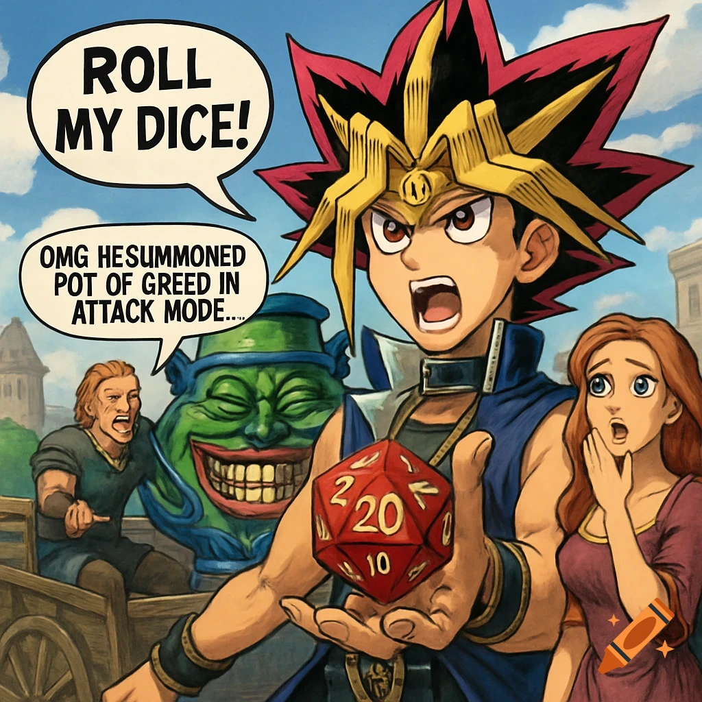 Yami Yugi holds a D20 dice, shouting 'ROLL MY DICE!' Ralof says 'OMG ...