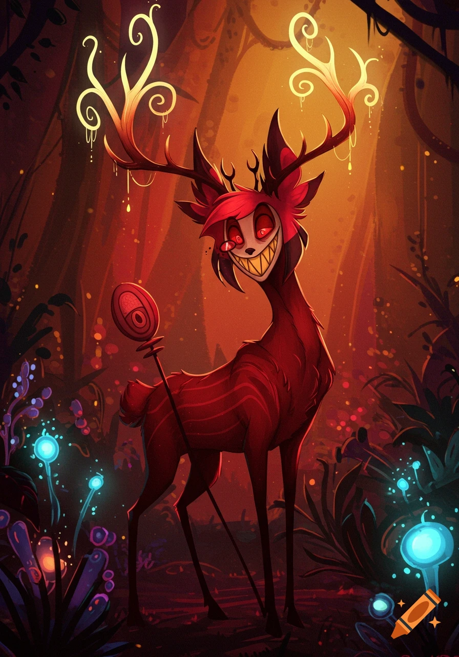 Stylized character Alastor as a red deer in a forest with glowing flora ...
