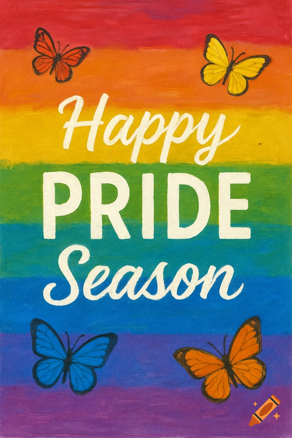 Happy Pride Season text over a rainbow flag with butterflies in a ...
