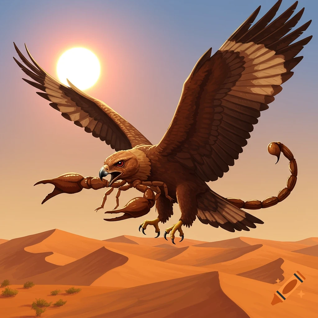 Illustration of an eagle-scorpion hybrid flying over a desert landscape at sunset. on Craiyon