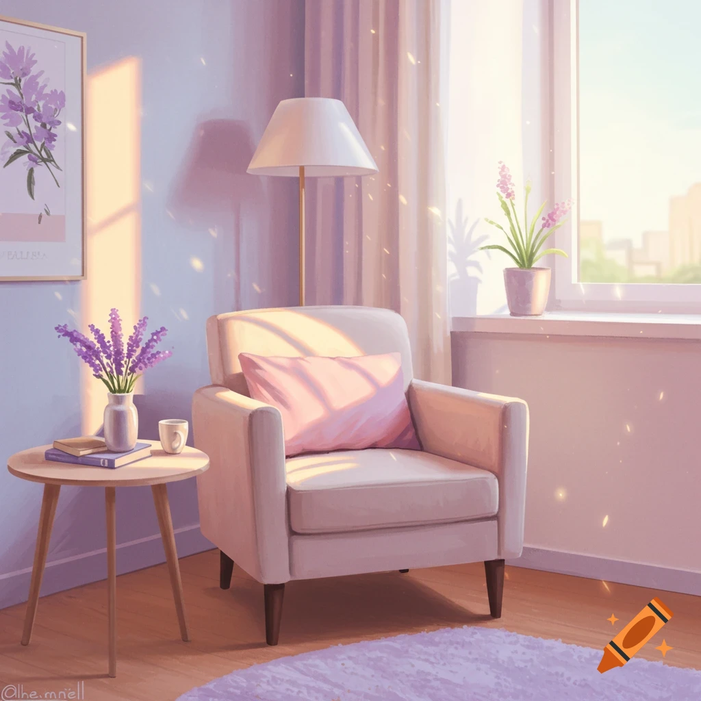 Cozy armchair in a sunlit room corner with table, plants, and poster ...