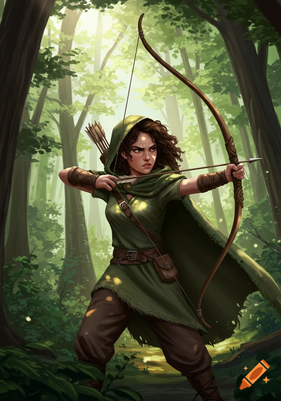 Fantasy illustration of a woman archer drawing a bow in a sunlit forest. on Craiyon