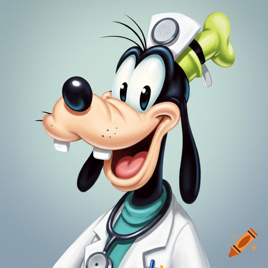 Cartoon headshot of Disney character Goofy dressed as a doctor. on Craiyon