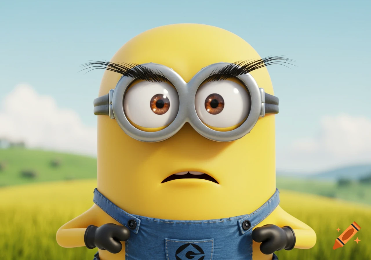 Close-up of a surprised Minion with large, raised eyebrows. on Craiyon