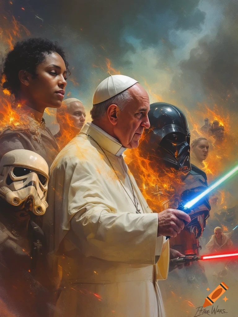 Pope Francis and Darth Vader stand with lightsabers alongside other ...