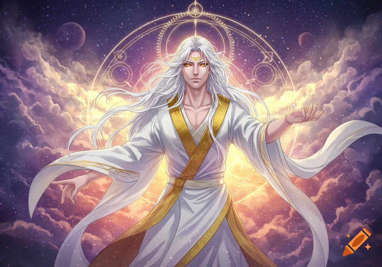 Anime god figure with white hair in white and gold robes in a celestial ...