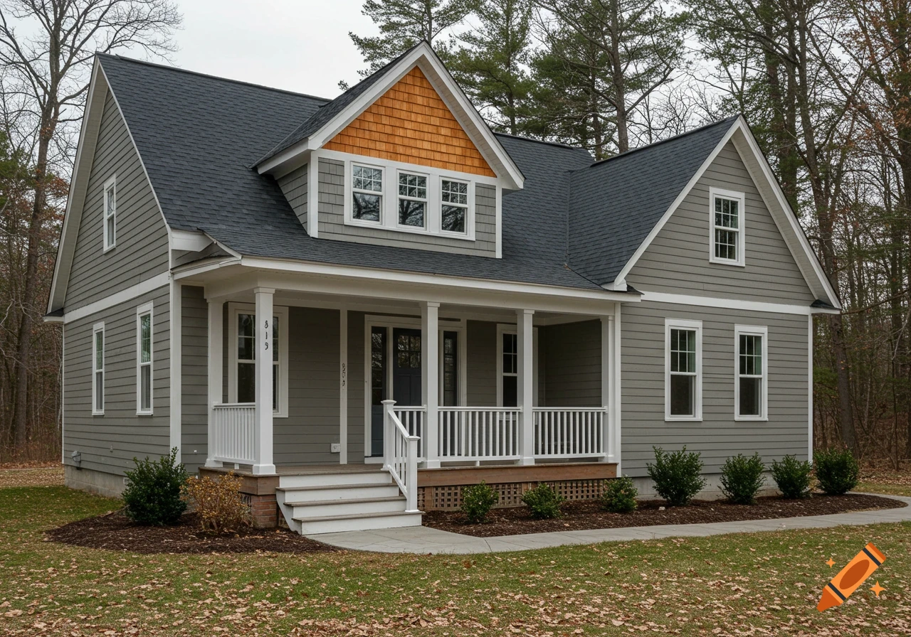 Gray Cape Cod style house with a front porch and cedar gable shingles ...
