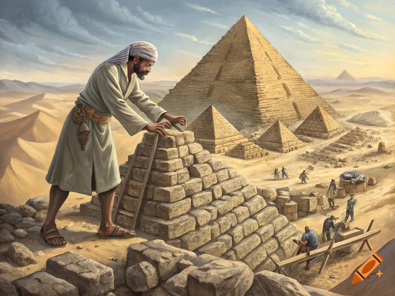 A large man builds a small pyramid in a desert with larger pyramids in ...