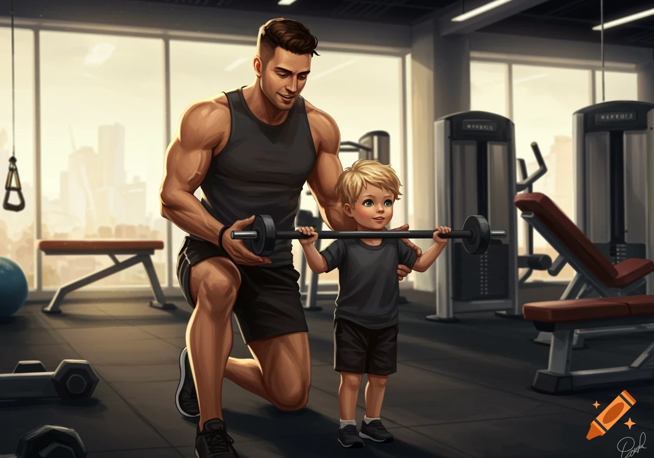 Illustrated scene of a father helping his young son lift a small ...