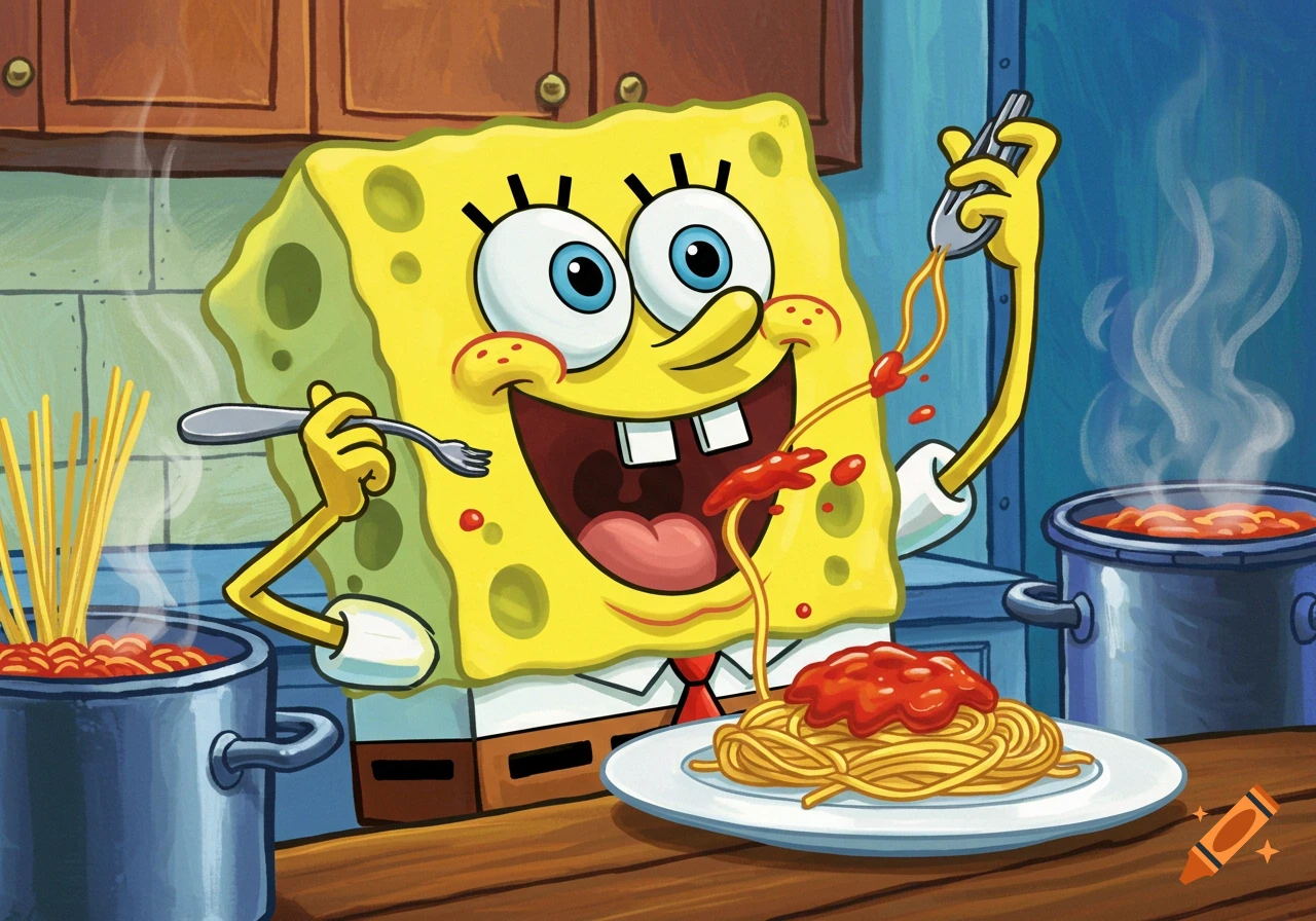 Spongebob Squarepants eating spaghetti in a kitchen on Craiyon