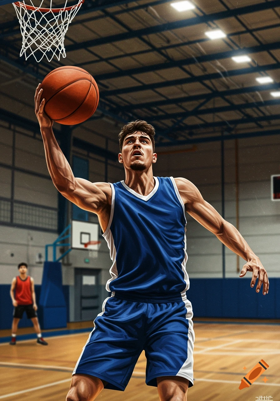 A male basketball player in a blue uniform shooting a basketball in a ...