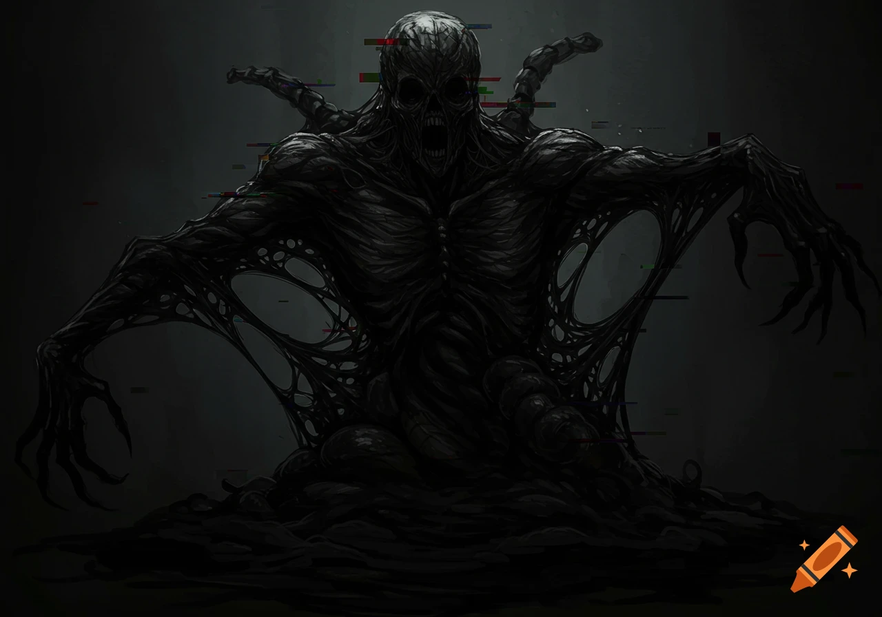 A dark, slimy, warped monstrous figure with claws and glitch effects in ...