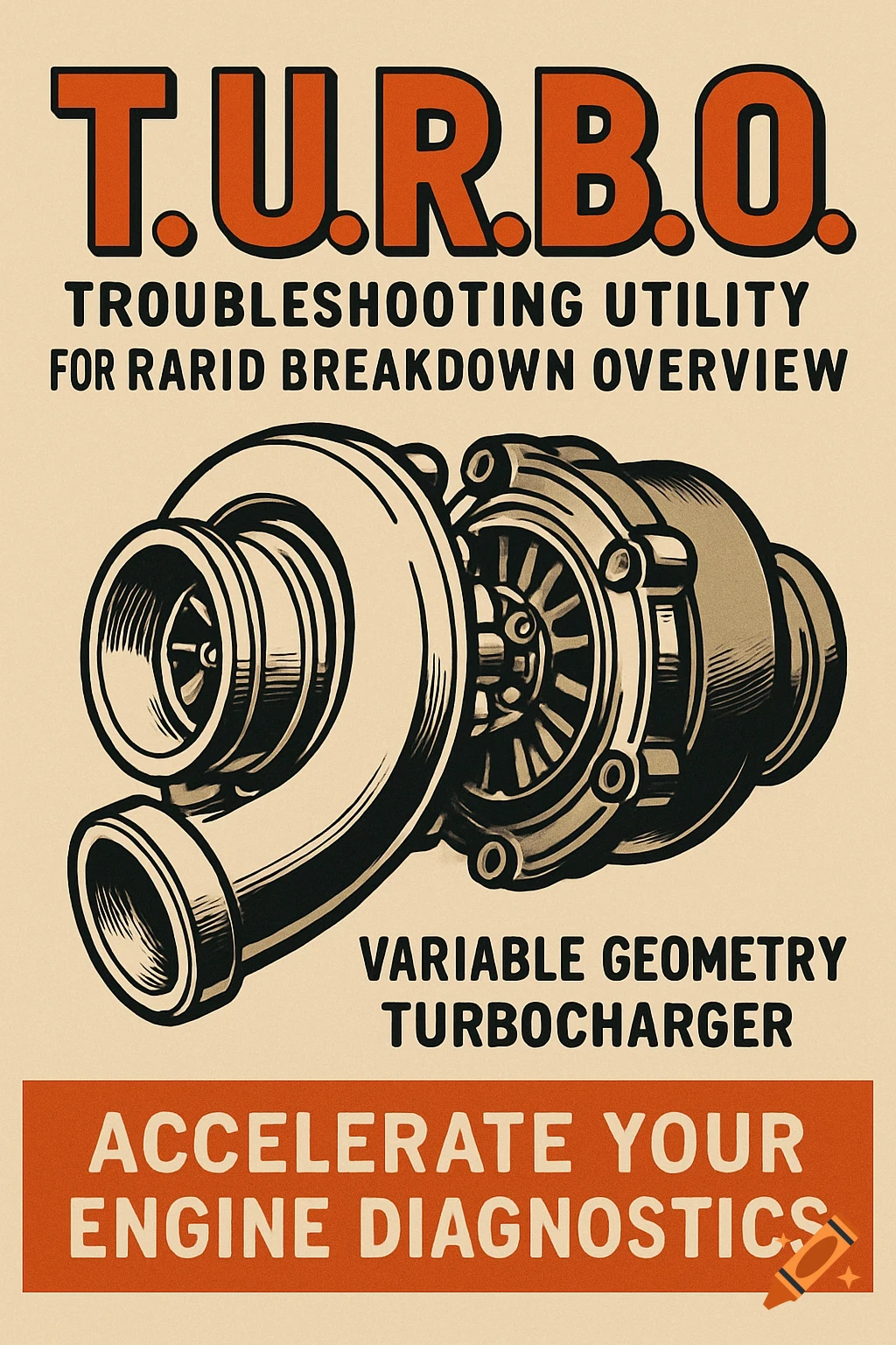 Retro style technical poster for T.U.R.B.O. troubleshooting utility ...