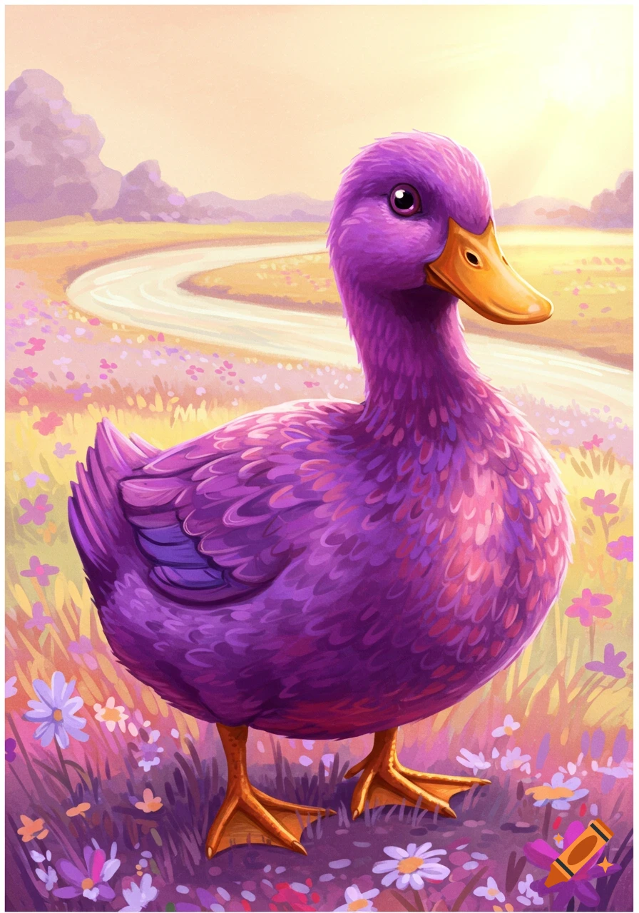 A purple duck stands in a field of flowers near a winding path at ...