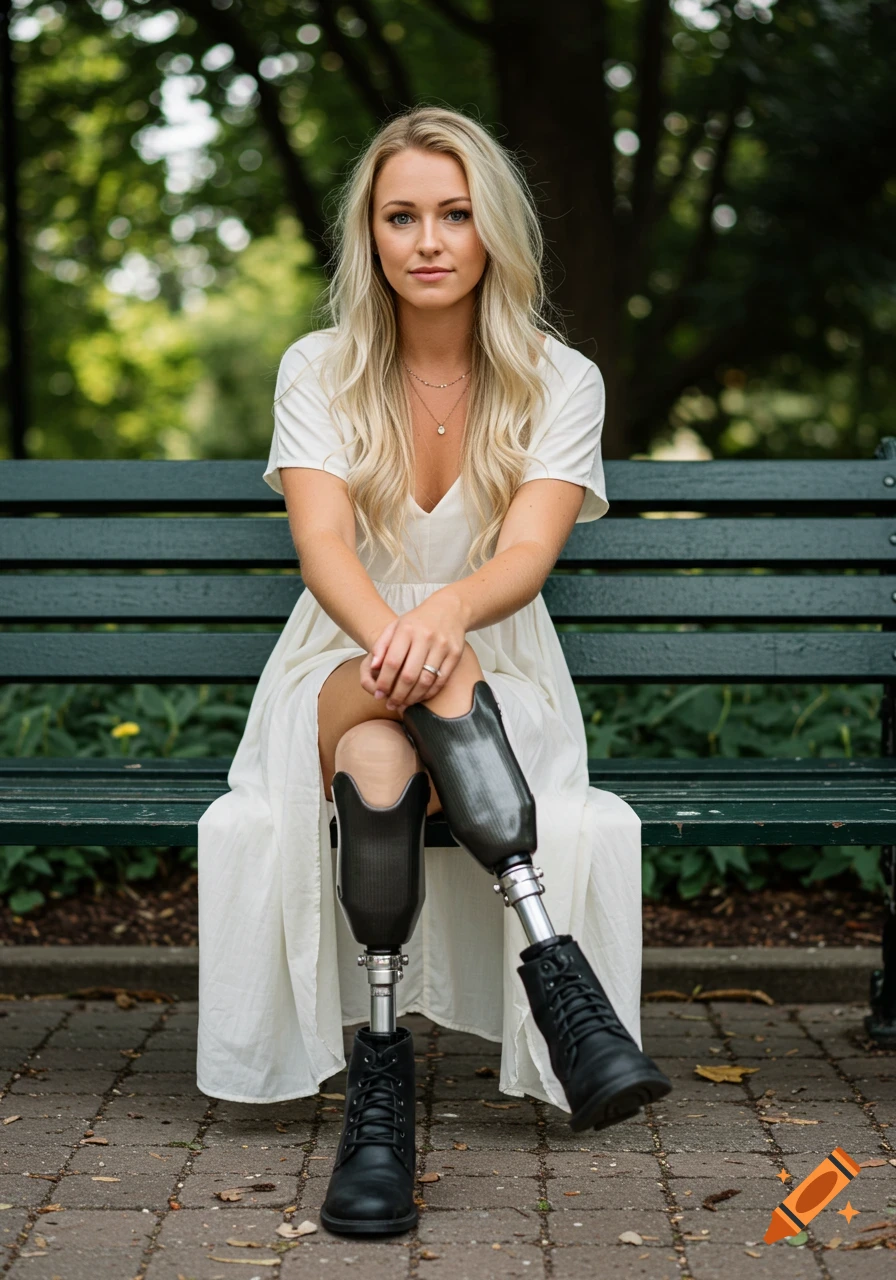 Woman with prosthetic legs sits on a park bench on Craiyon