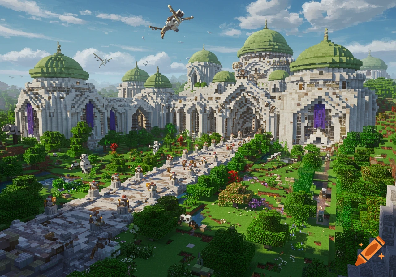 Minecraft-style depiction of a large palace with green domes surrounded ...