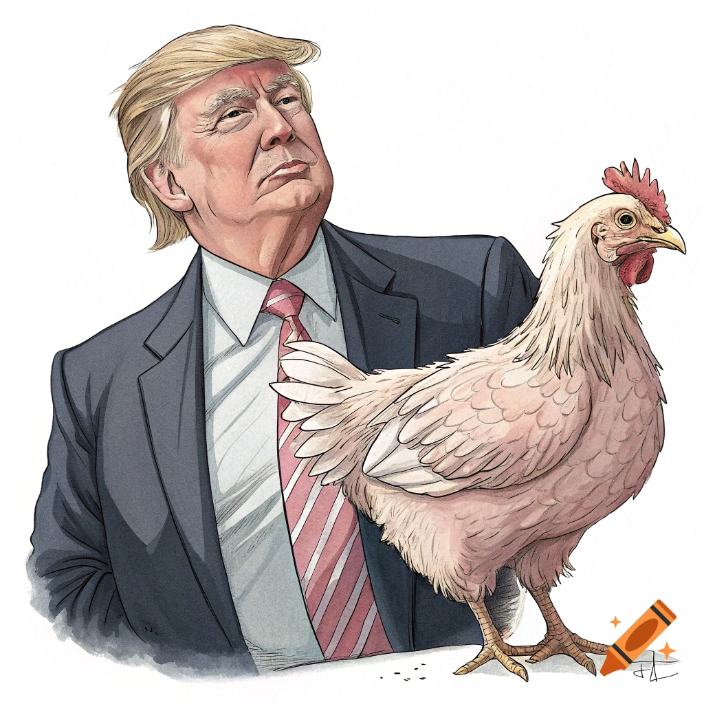 Caricature illustration of Donald Trump standing next to a chicken. on ...