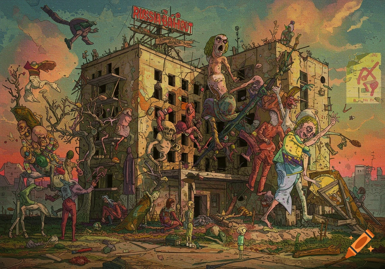 A surreal illustration of distorted figures surrounding a dilapidated ...