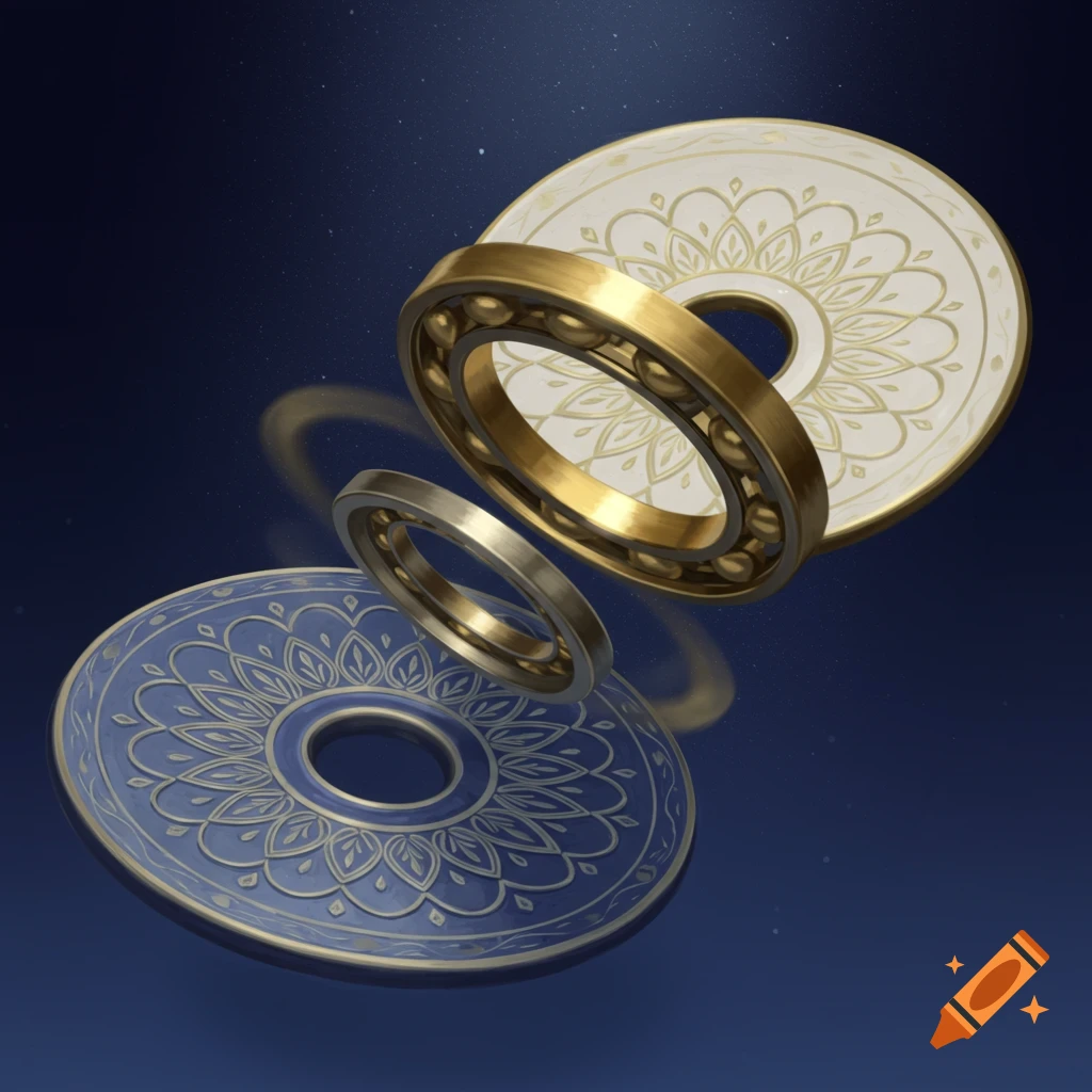 Two decorative plates and a golden bearing floating against a starry ...