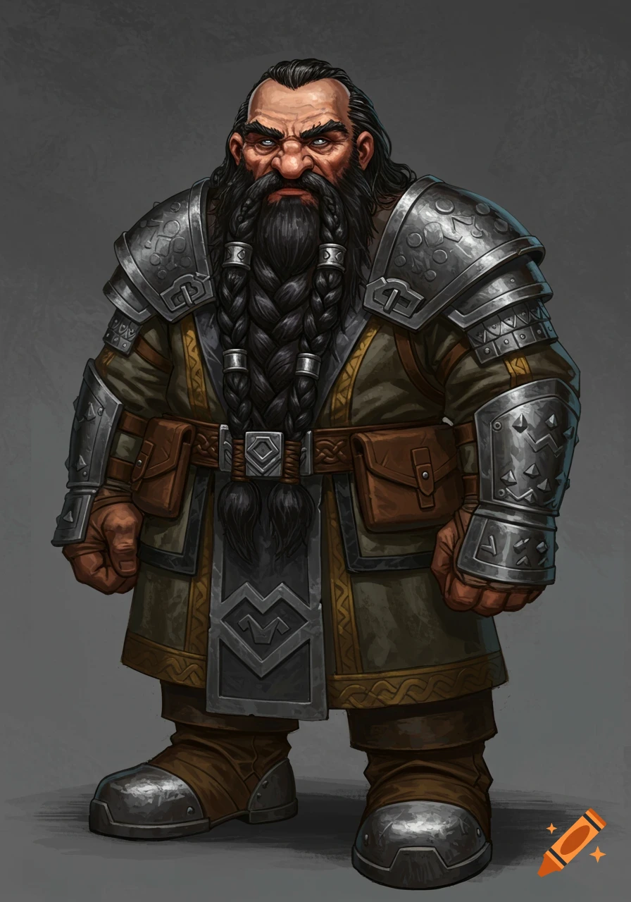 Illustration of a stern-faced dwarf cleric in ornate armor with a long ...
