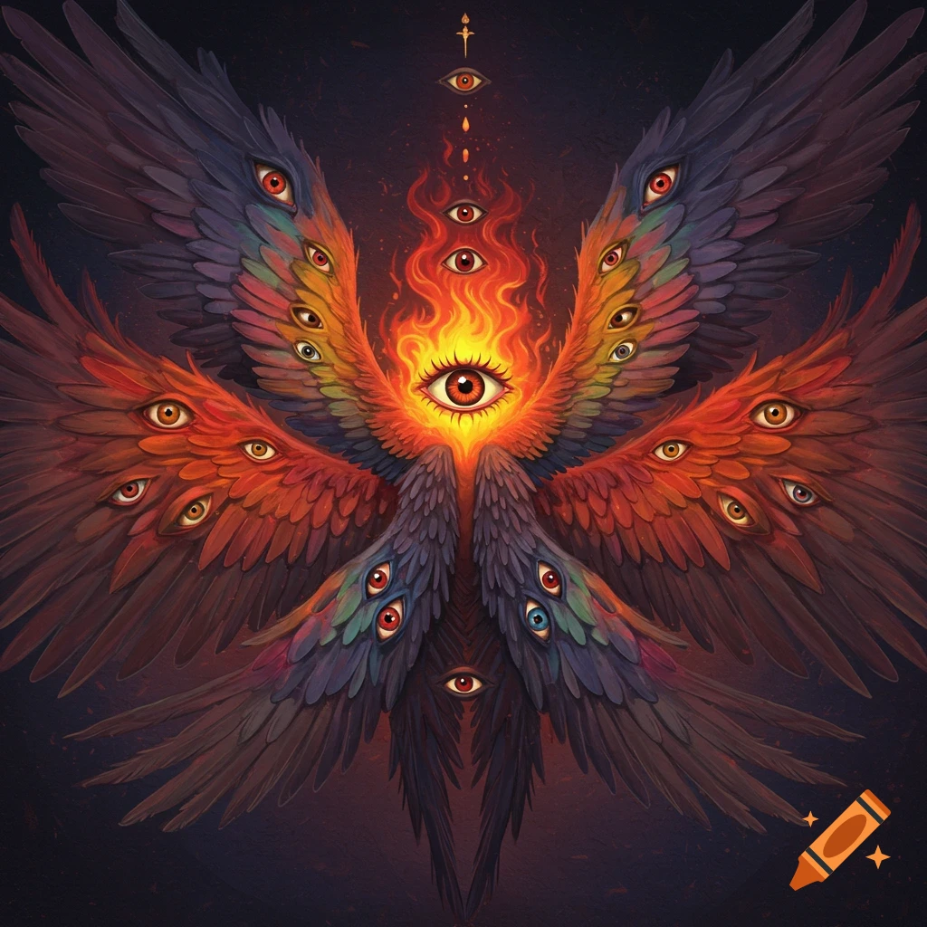 A multi-winged celestial being with many eyes on its wings and body ...