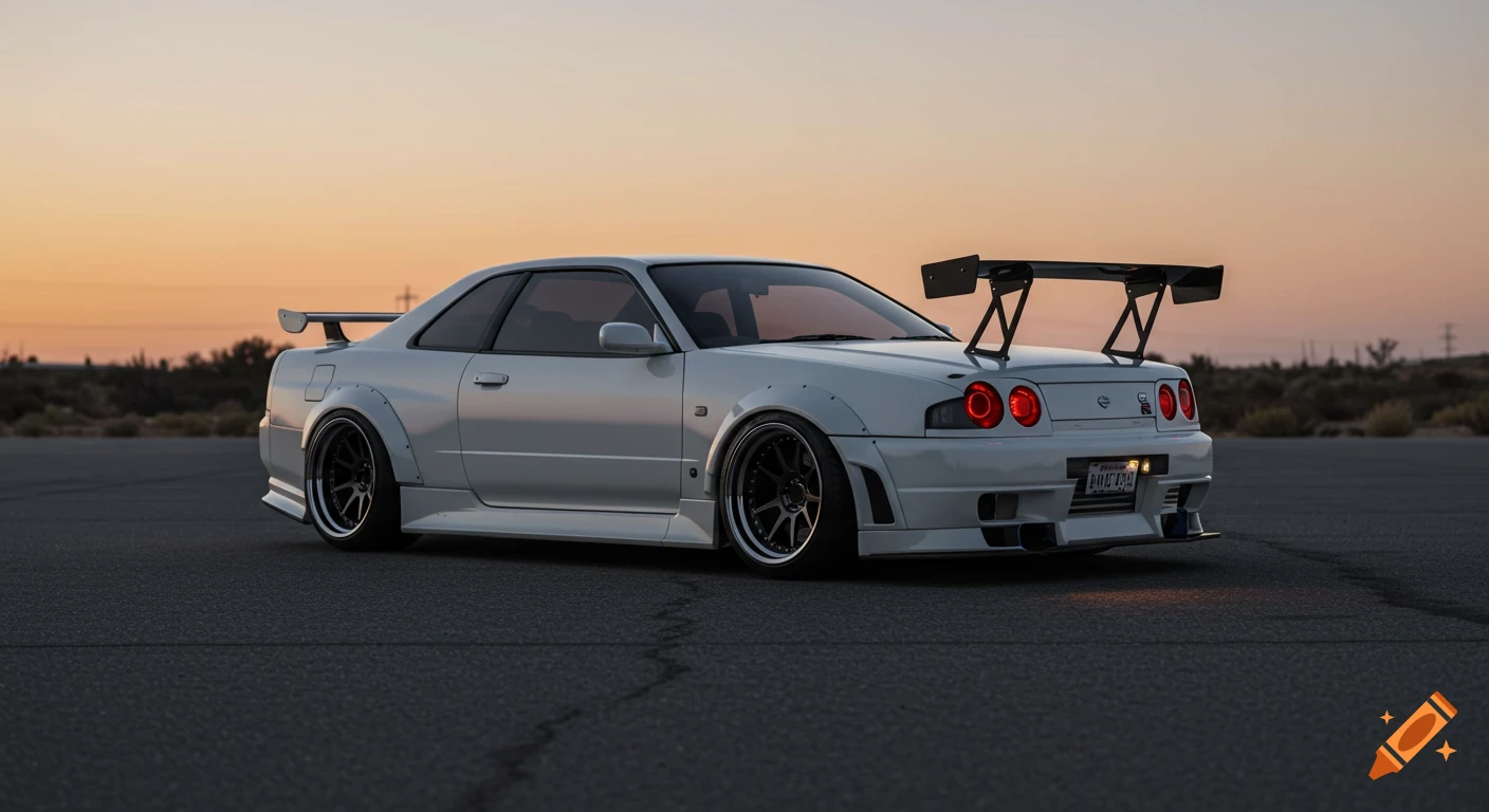 White modified Nissan Skyline R34 car parked on asphalt at sunset on ...