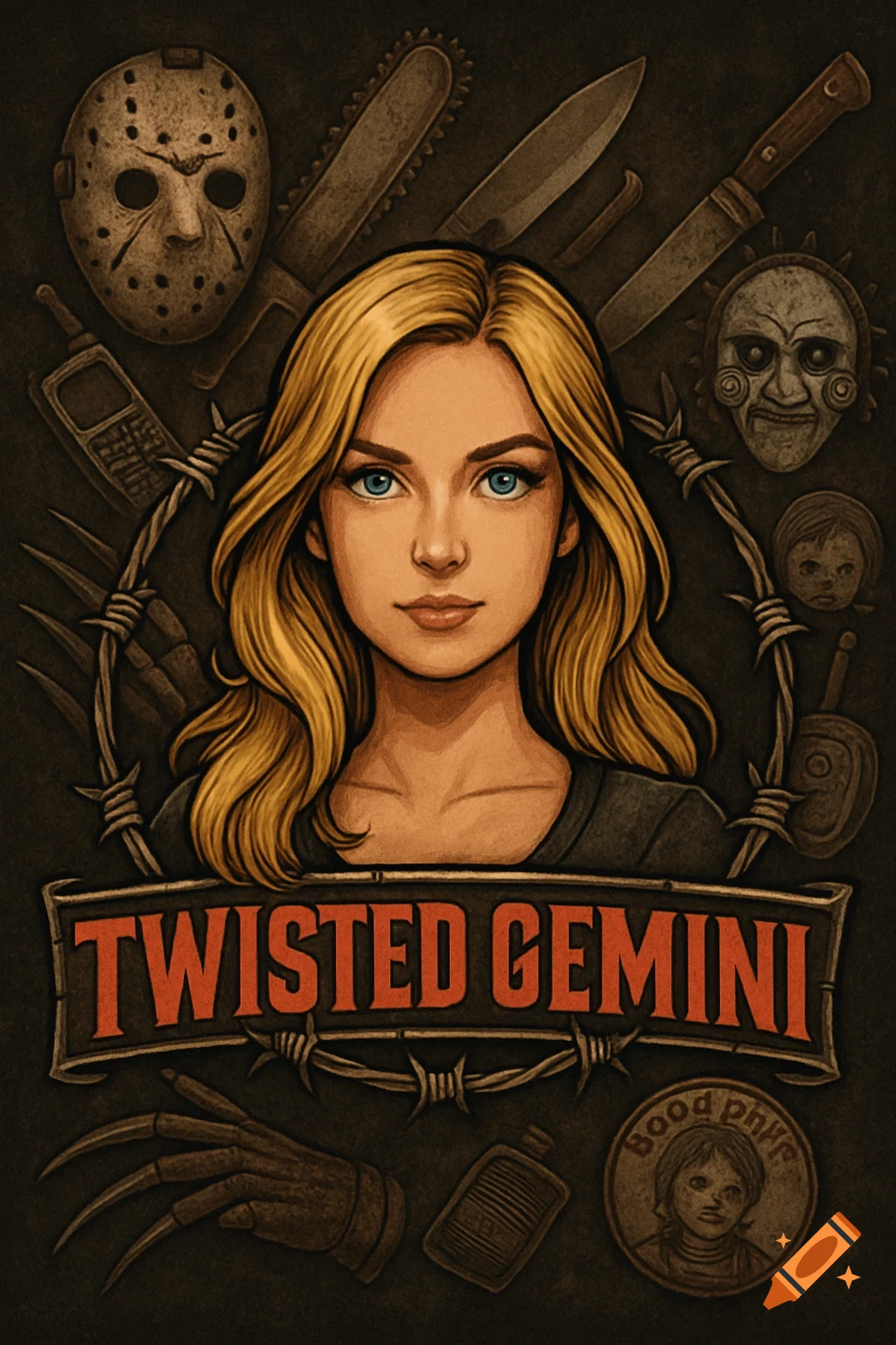 Stylized portrait illustration of a blonde woman surrounded by horror ...