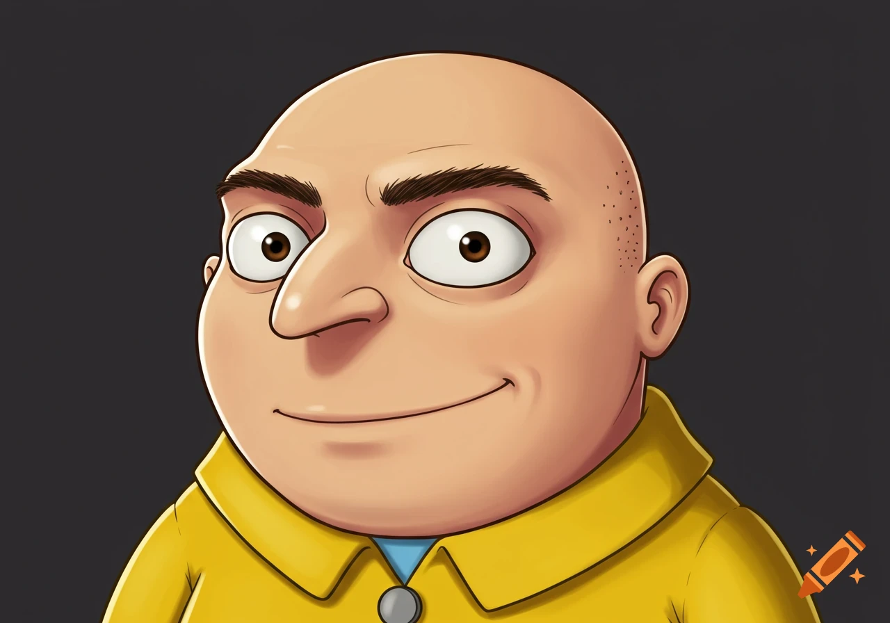 Cartoon portrait of a bald man resembling Gru in a yellow shirt, in The ...