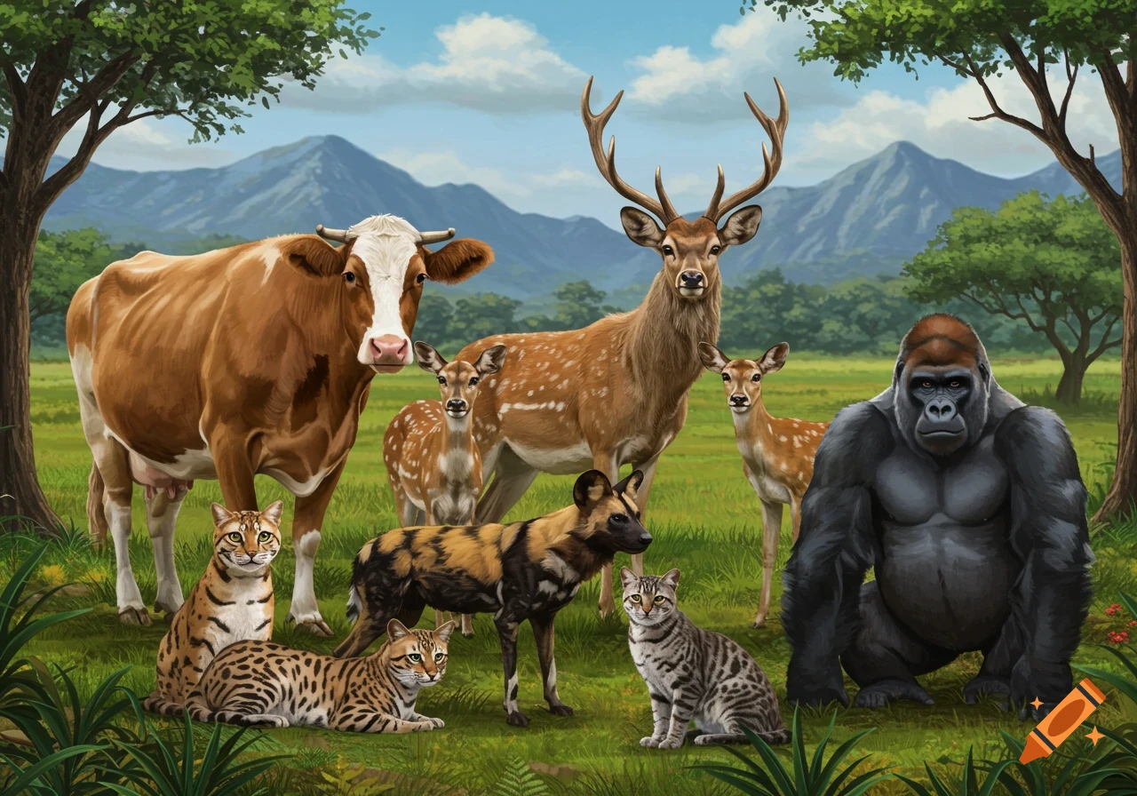 A diverse group of animals including a cow, deer, fawns, a wild dog ...