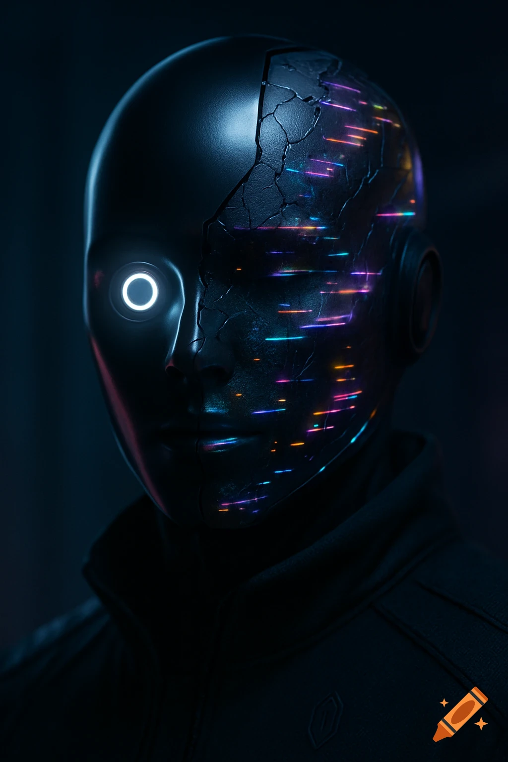 Cyberpunk portrait of a mask with a glowing eye and cracked face ...