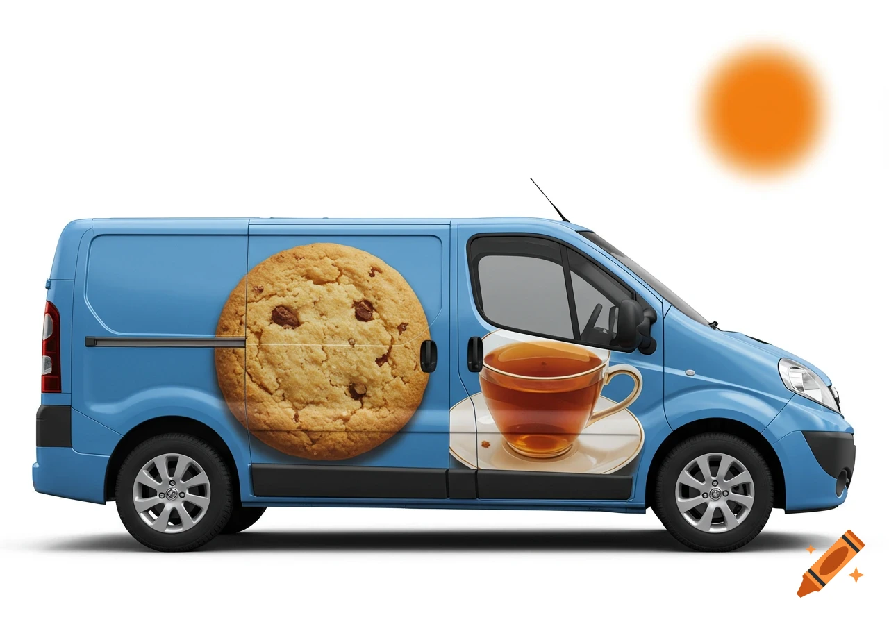 Blue van with graphics of a large chocolate chip cookie and a teacup ...