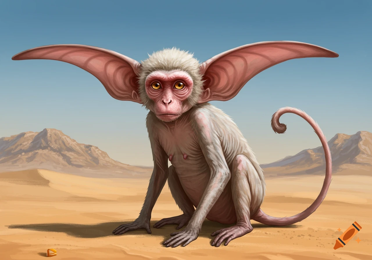 A fantasy creature resembling a monkey with large bat-like ears sits in ...