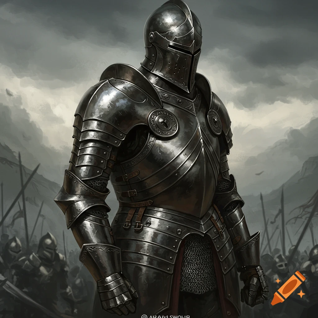 Full-body view of a knight in ornate plate armor standing on a ...