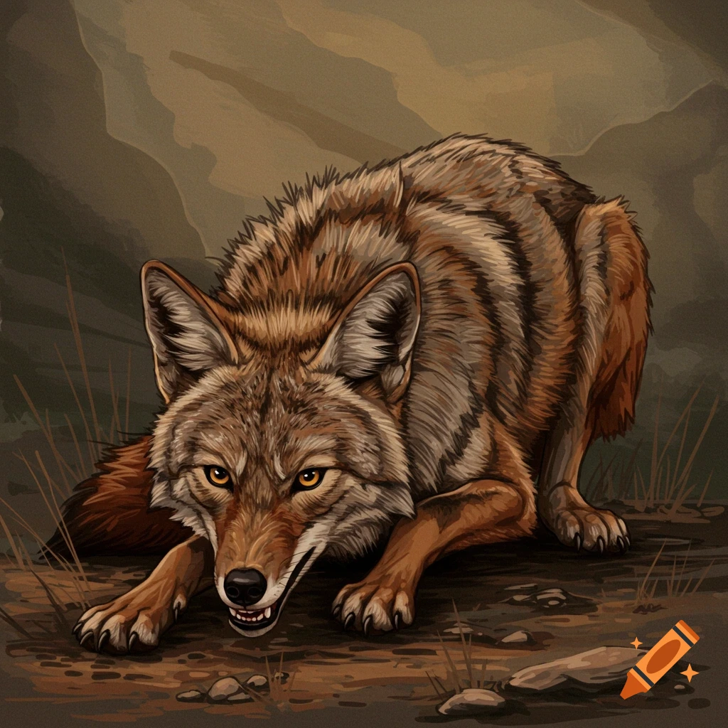 An illustration of a fierce coyote crouching. on Craiyon
