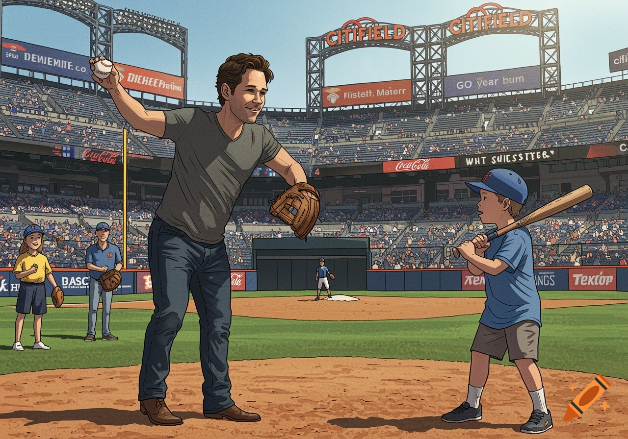 Paul Rudd pitching a baseball to a young boy in a stadium. on Craiyon