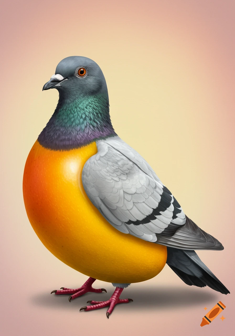 An illustration of a pigeon with a mango for its body on Craiyon
