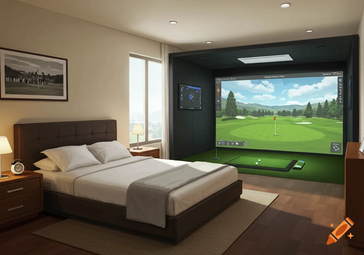 A bedroom with a large golf simulator screen and hitting mat. on Craiyon