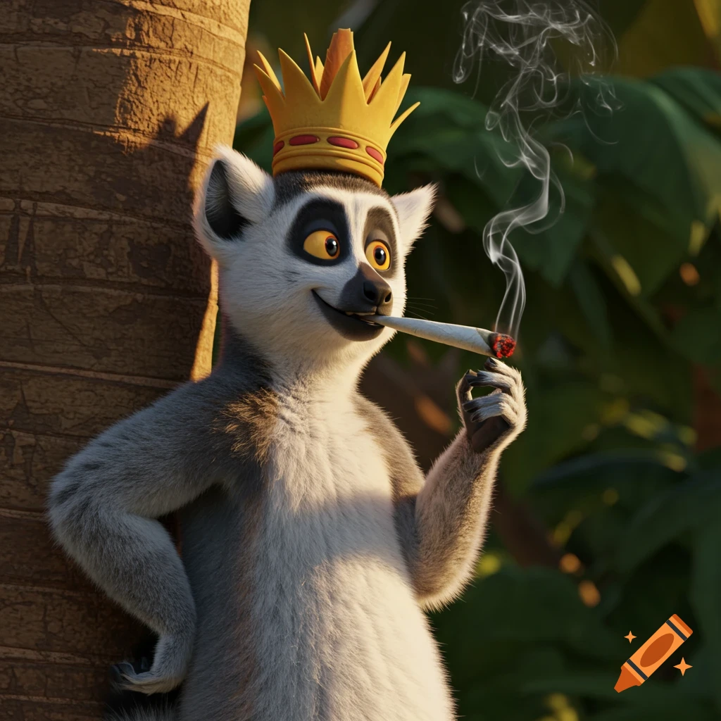 A 3D render of King Julien from Madagascar wearing a crown and smoking ...