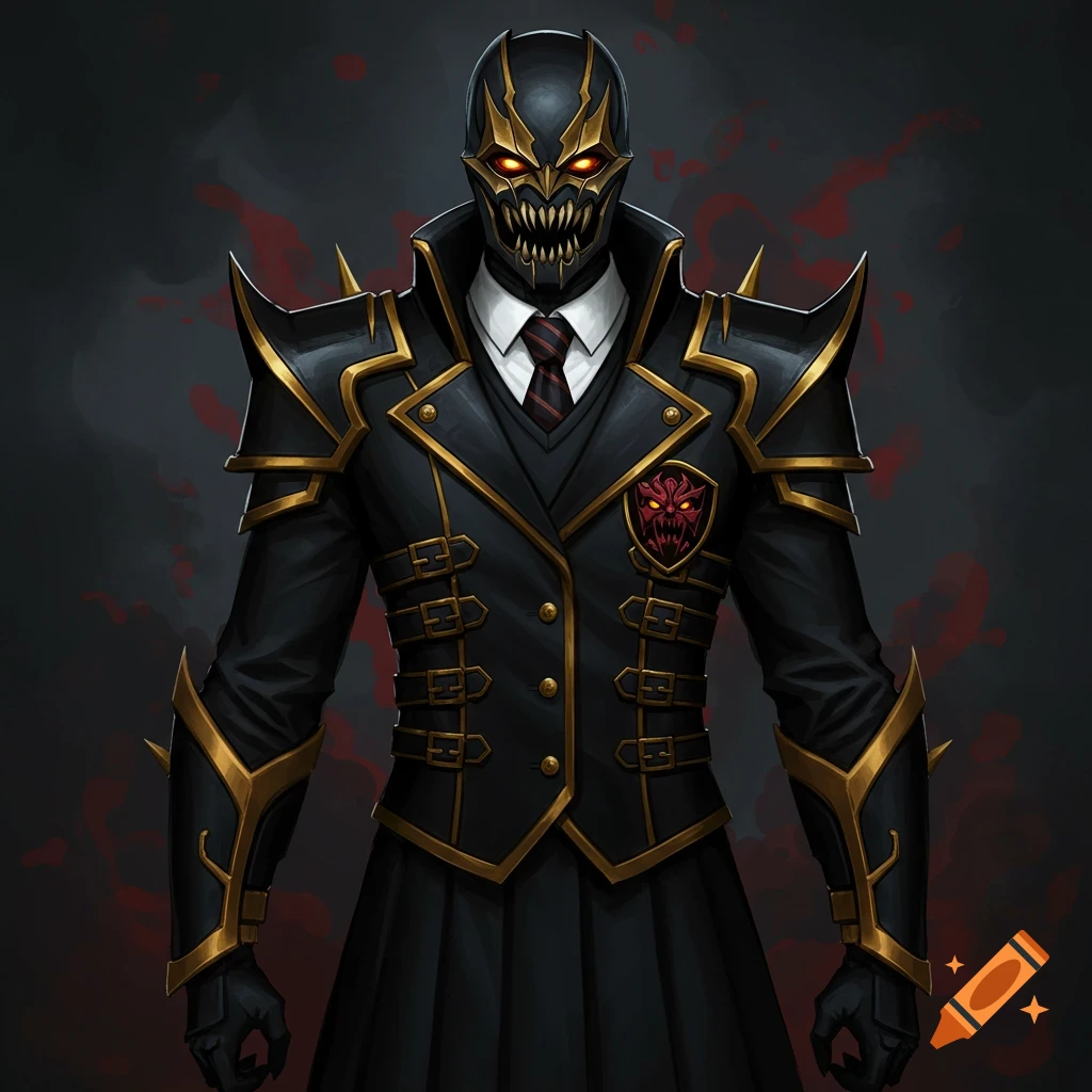Stylized fantasy villain in a black and gold suit with glowing eyes and ...