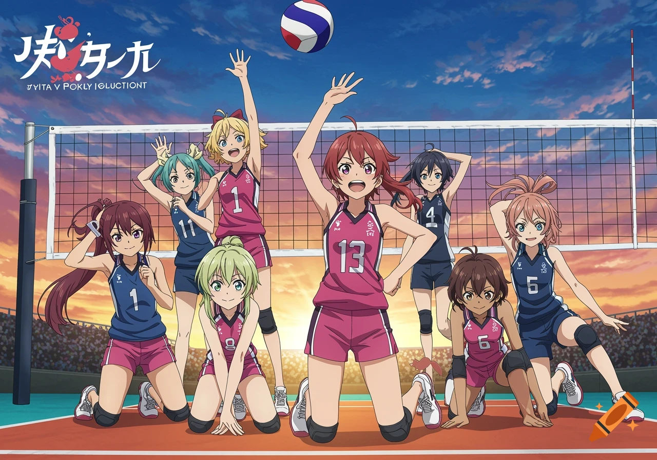 Anime style image of a girls volleyball team posing on the court in ...