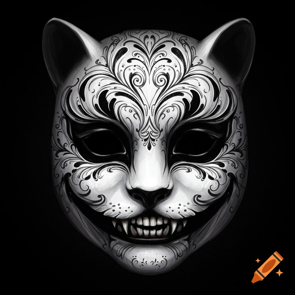 A white cat mask with intricate black patterns and sharp teeth against ...