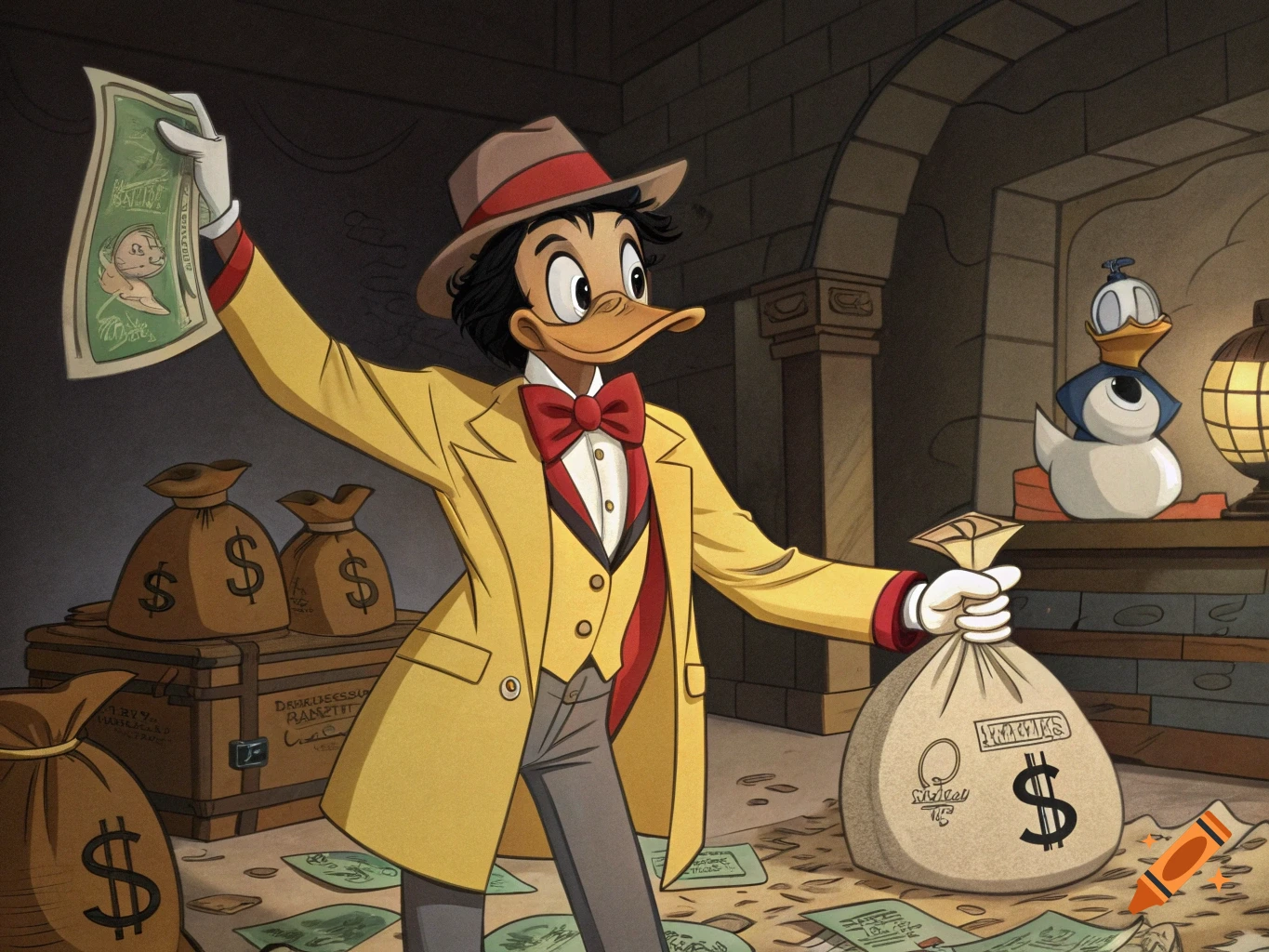 Cartoon duck in yellow suit holding money in a vault with money bags ...
