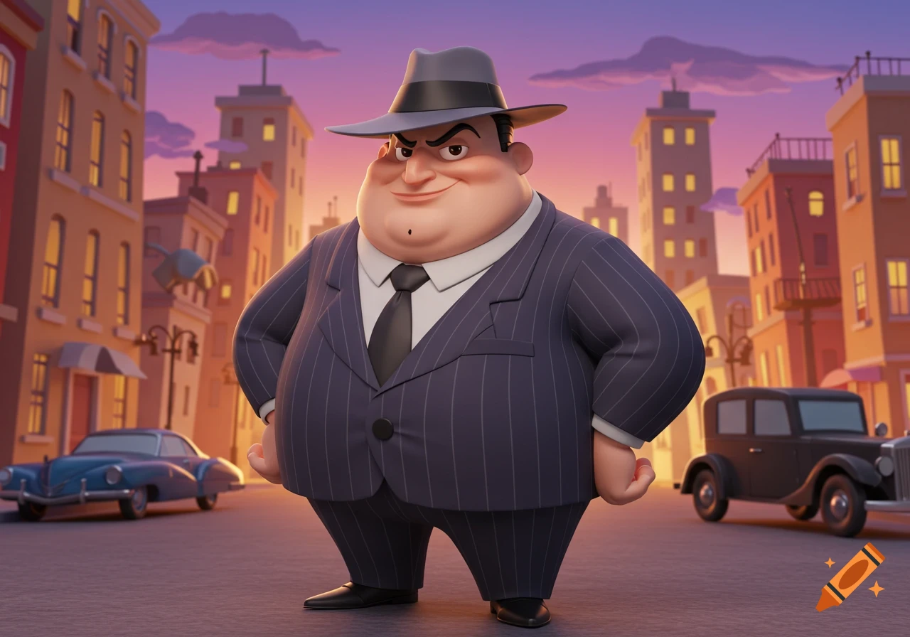 Cartoon of a portly man in a pinstripe suit and fedora standing in a ...