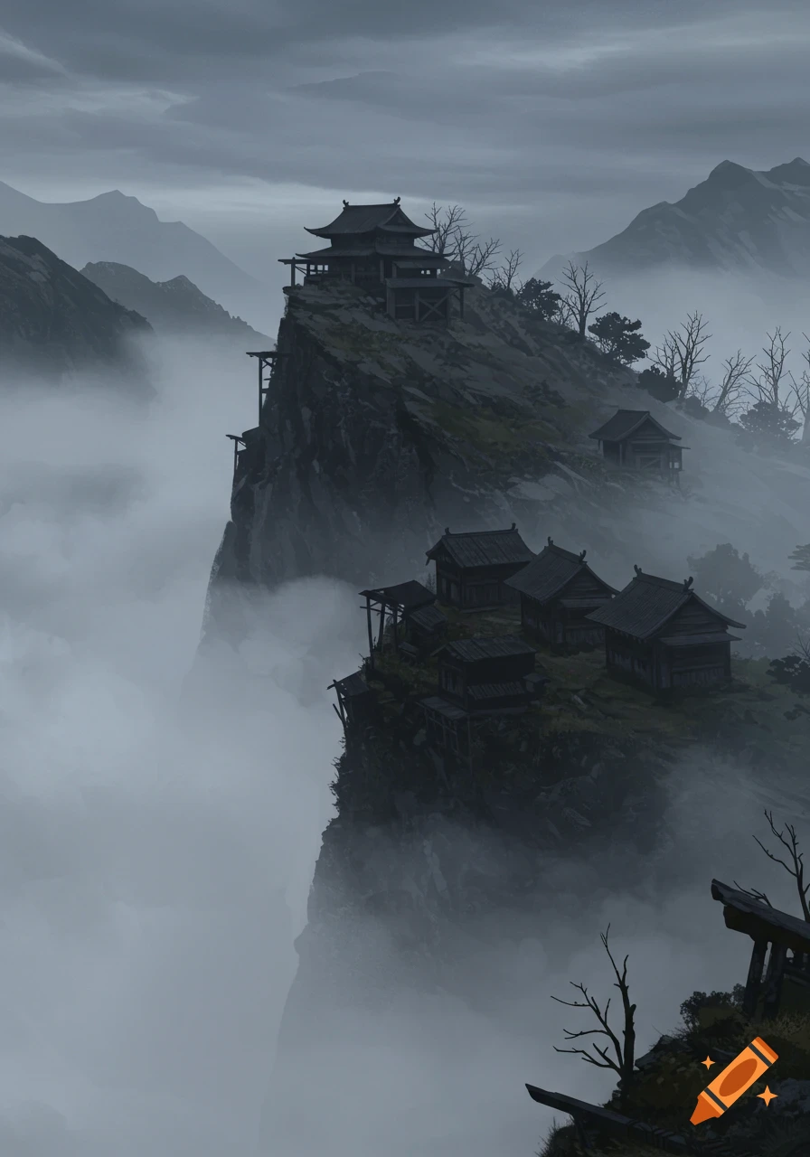 Misty landscape with traditional Japanese buildings on a high cliff on ...