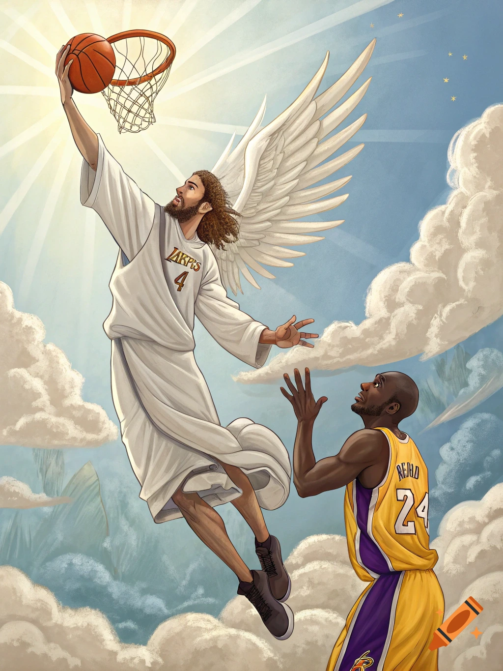 Jesus Christ with wings dunking a basketball over Kobe Bryant in a ...