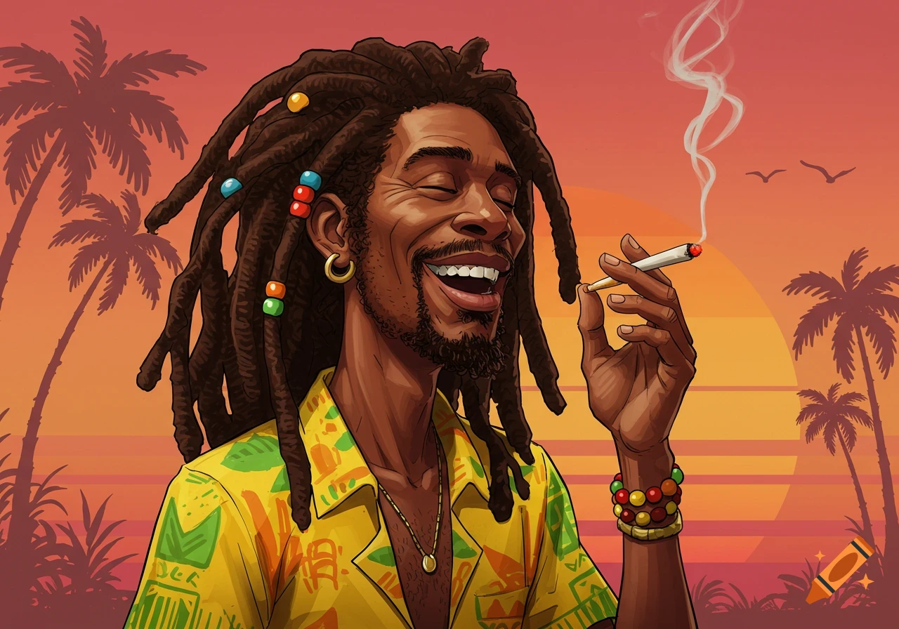 Illustration of a reggae man with dreadlocks smoking a joint at sunset ...