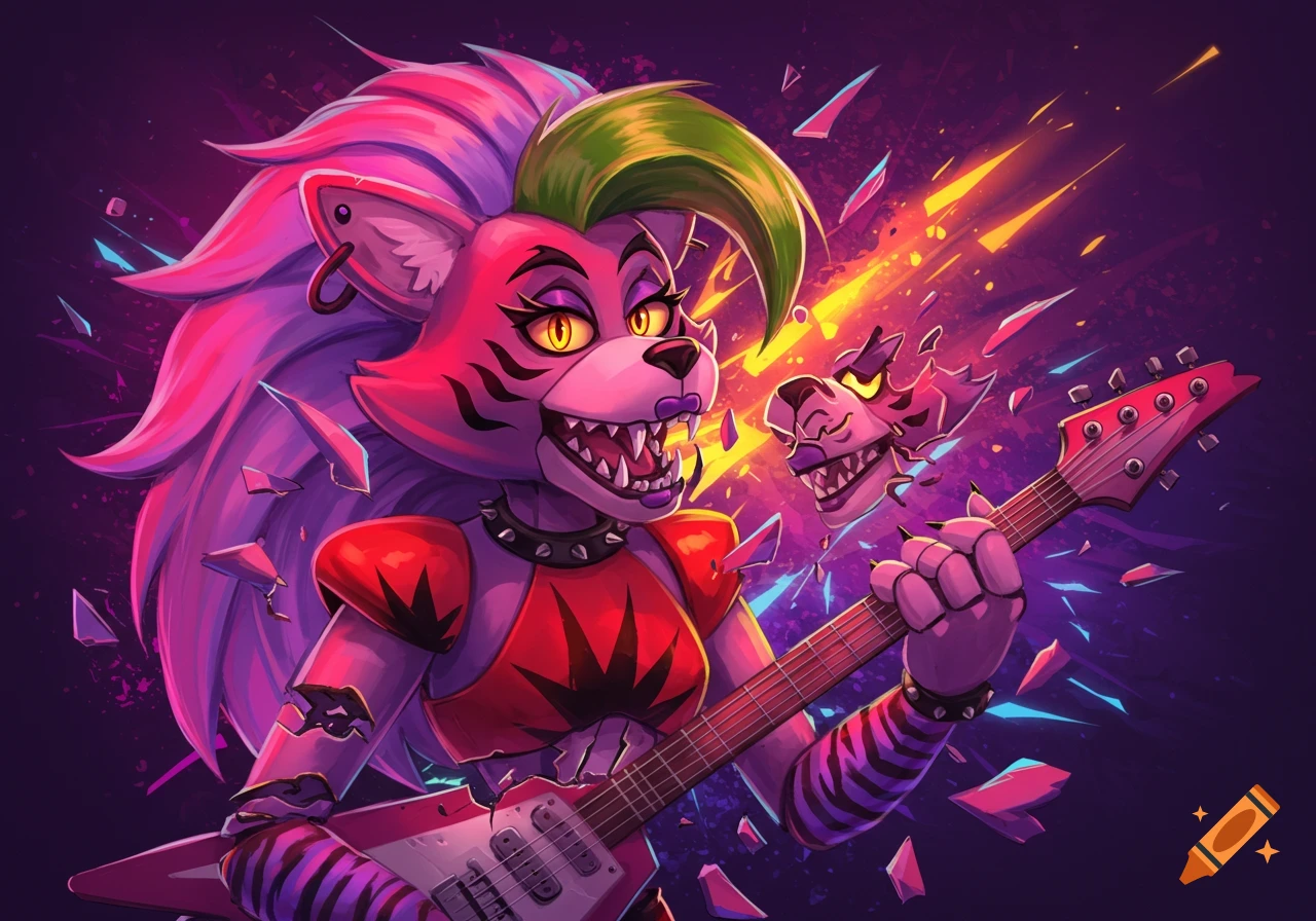 Roxanne Wolf playing a guitar among broken shards in a vibrant digital ...