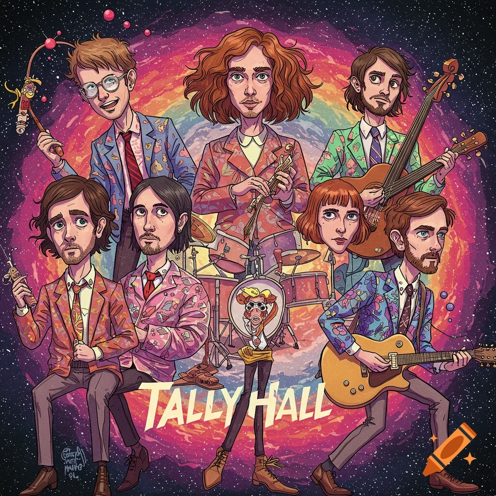 Cartoon illustration of the band Tally Hall standing and sitting in ...