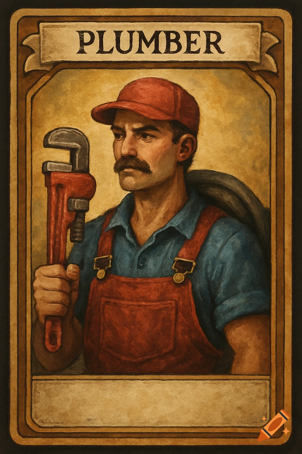 Painting in a trading card style of a plumber with a mustache and red ...
