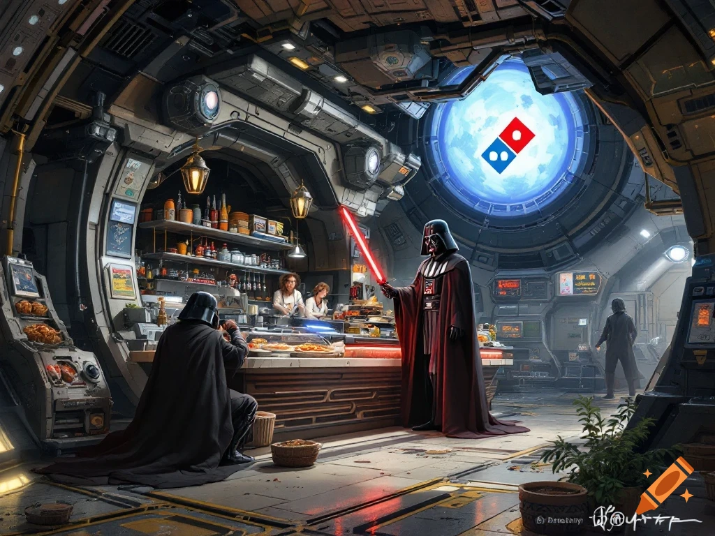 Darth Vader stands at a counter in a sci-fi setting resembling the ...